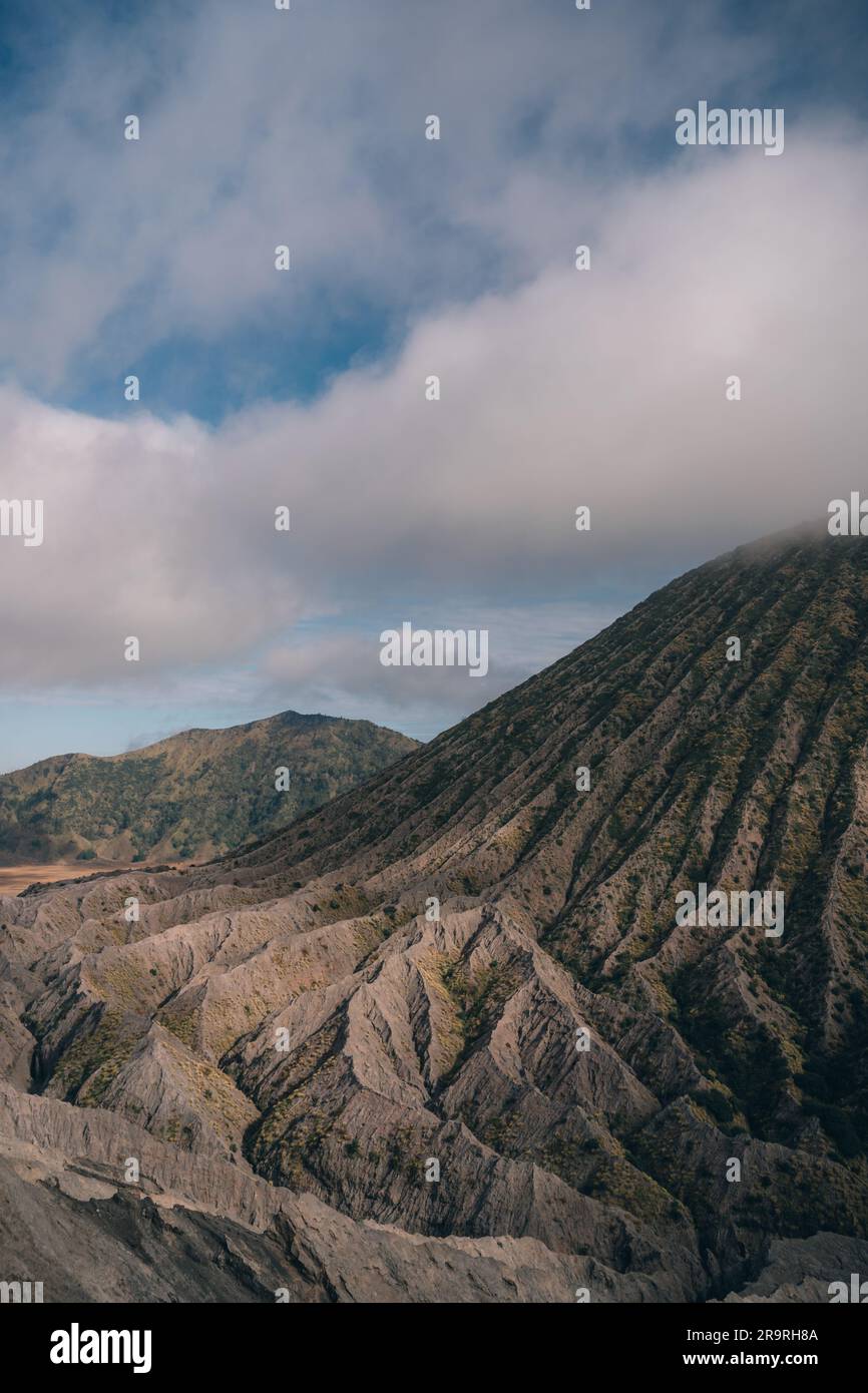 Mount Bromo desert view with blue sky background. Semeru Tengger ...