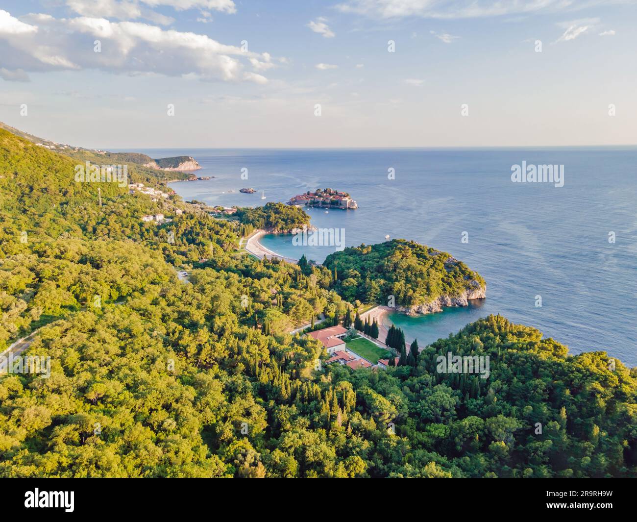 Queen's Beach in Milocer, Montenegro. Aerial view of sea waves and ...