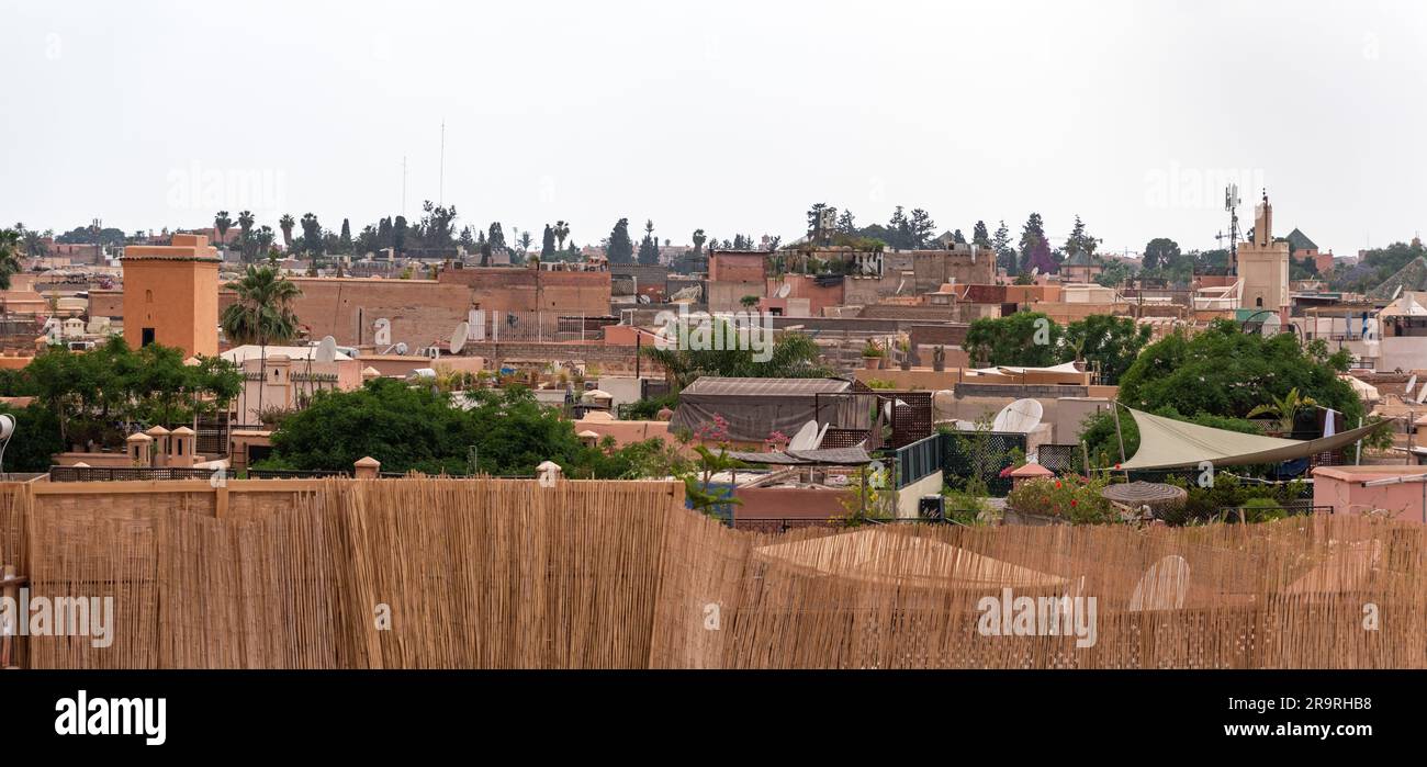 Panoramic view of the medina of Marrakech seen from a rooftop, Morocco ...