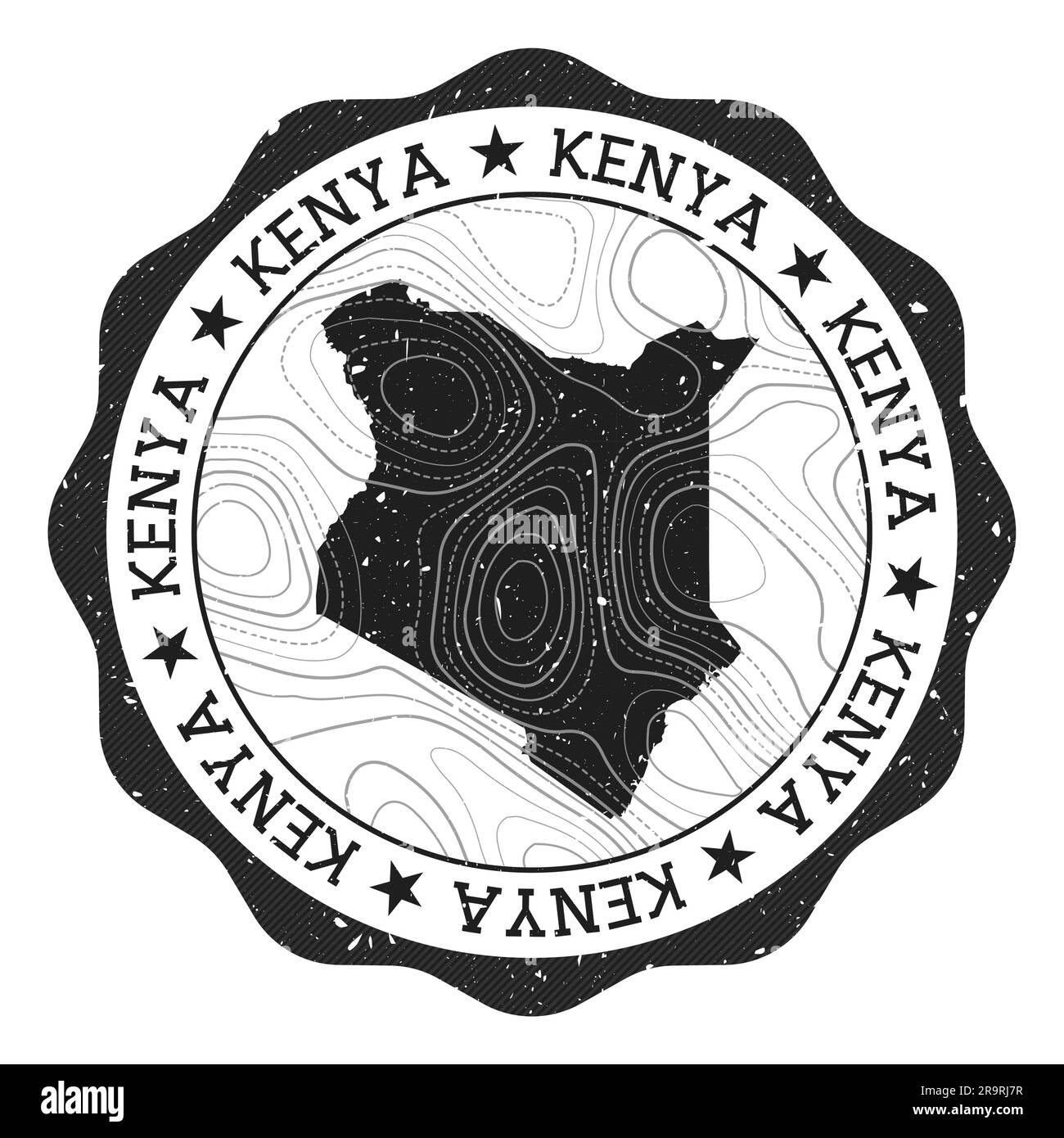 Kenya outdoor stamp. Round sticker with map of country with topographic ...