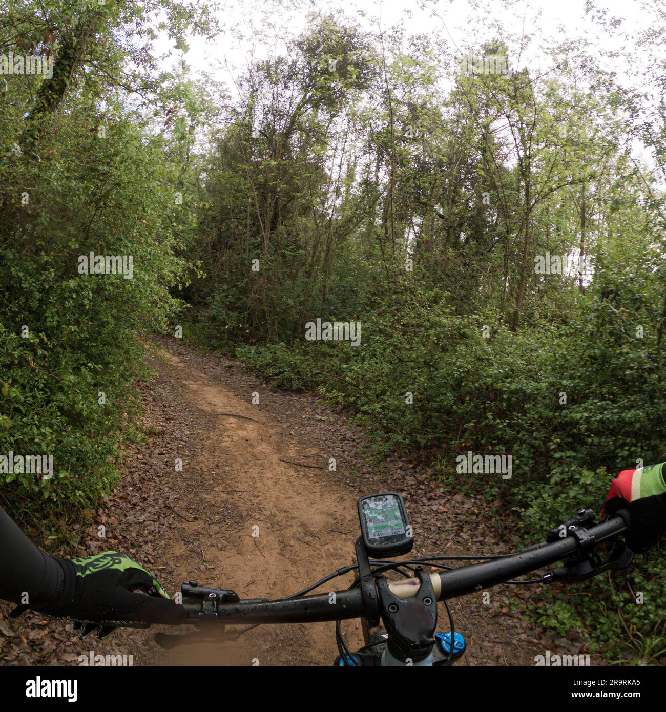 Riding a mountain bike from rider point of view on the handlebar on a ...