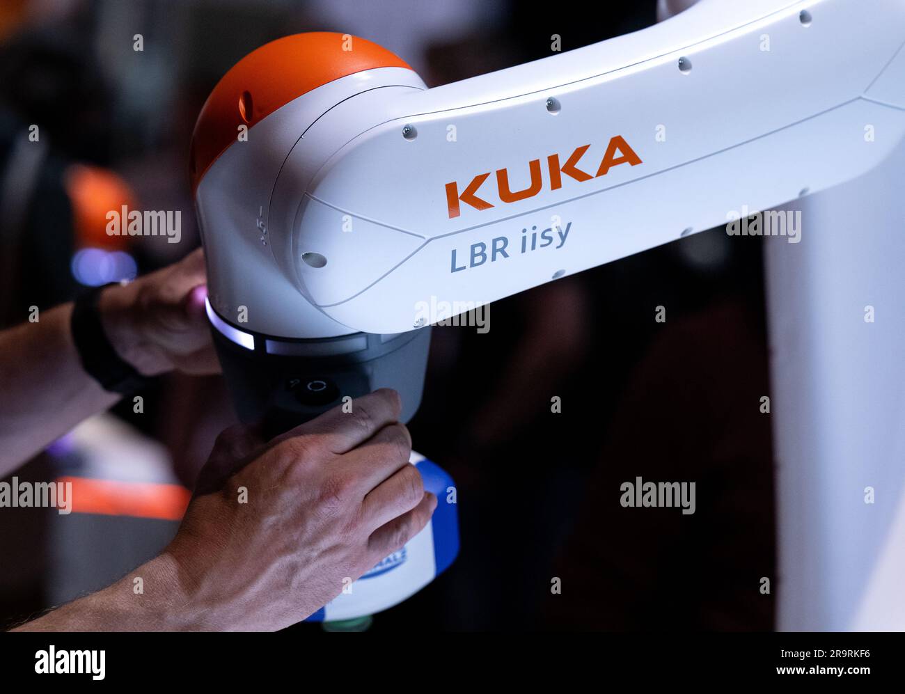 Munich, Germany. 28th June, 2023. A robot arm from the Kuka company is ...