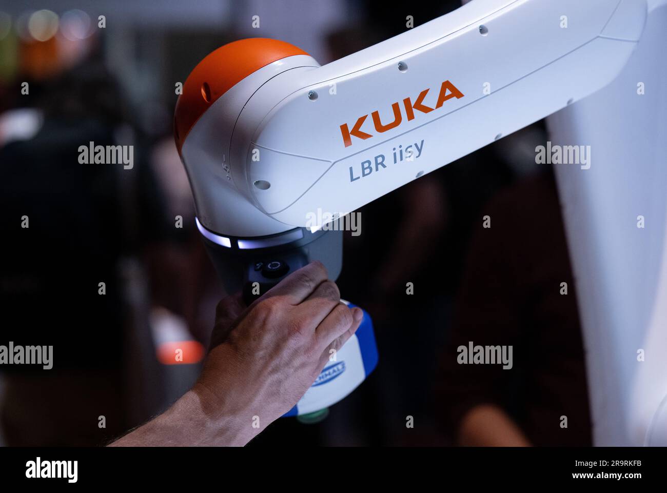 Munich, Germany. 28th June, 2023. A robot arm from the Kuka company is ...