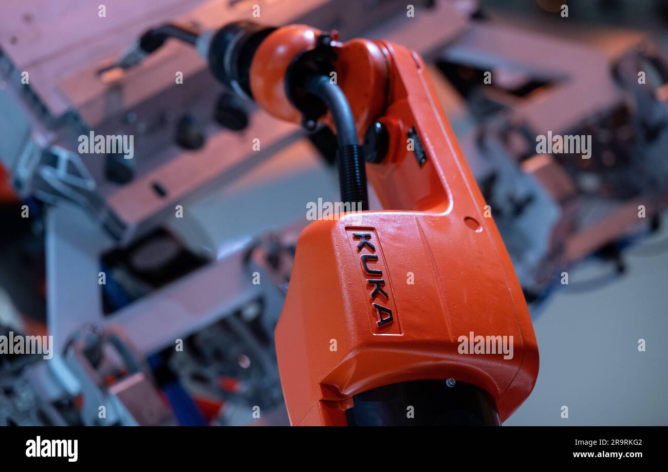 Munich, Germany. 28th June, 2023. A robot arm from the Kuka company is ...