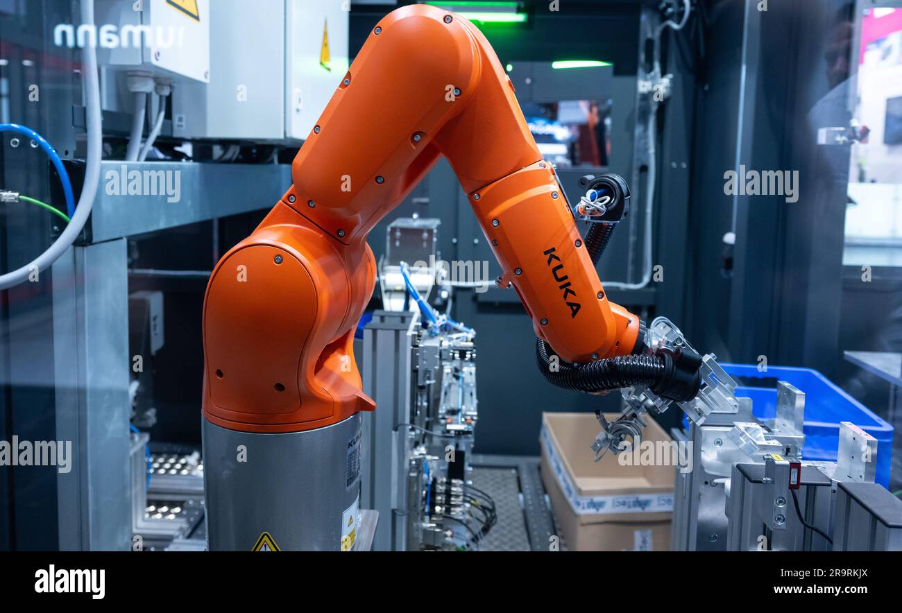 Munich, Germany. 28th June, 2023. A robot arm from the Kuka company is ...