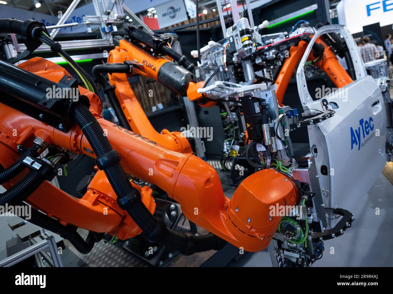 Munich, Germany. 28th June, 2023. Robot arms from the Kuka company can ...