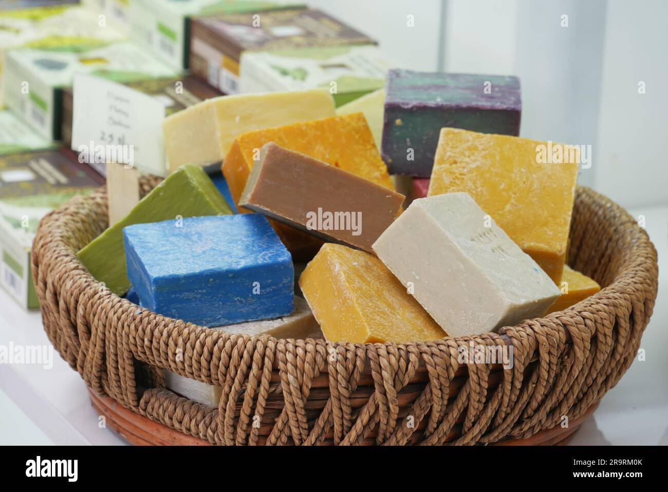 colorful different natural soap bar in a brown wicker Stock Photo - Alamy