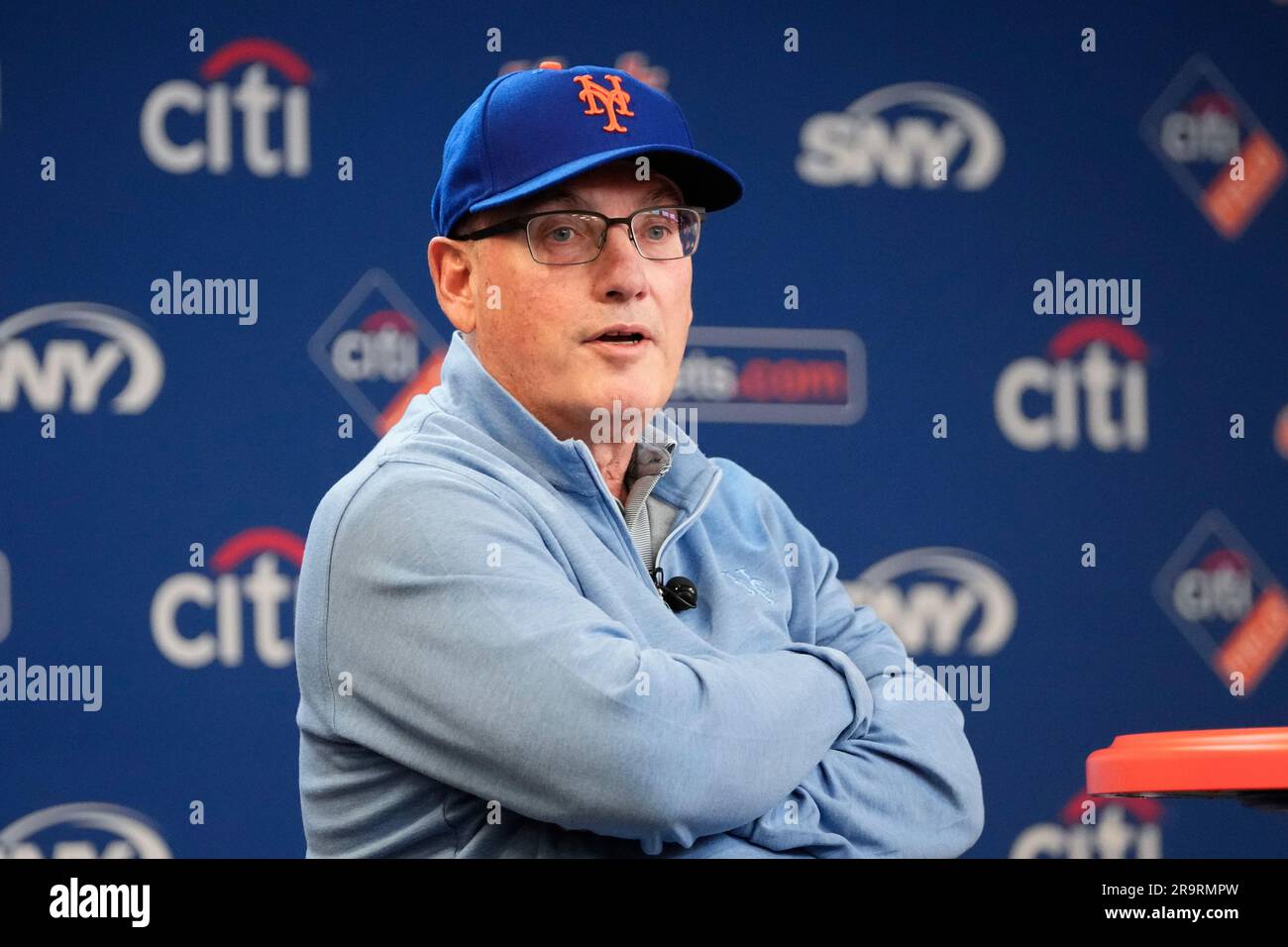 New York Mets owner Steve Cohen speaks during a news conference before a baseball game against ...