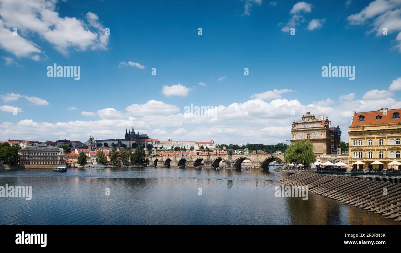 Panorama of the old town with the Charles Bridge over the Vltava River ...
