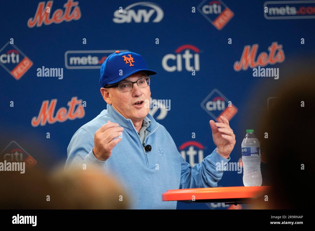 New York Mets owners Steve Cohen speaks during a news conference before a baseball game against ...