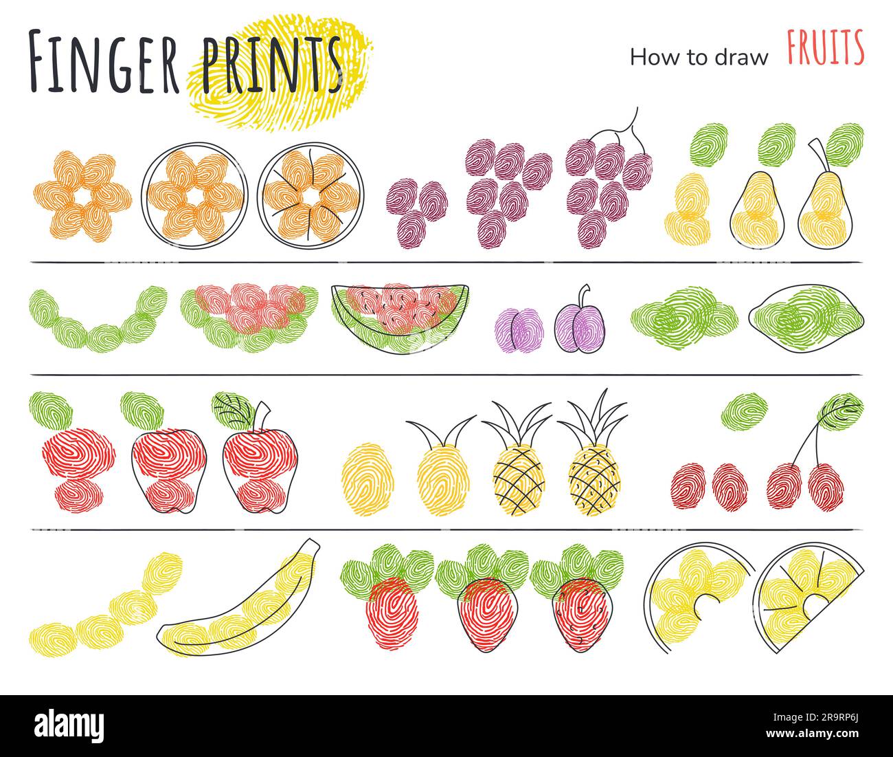 Finger prints art. Fruits set. Scheme for drawing Stock Vector Image ...