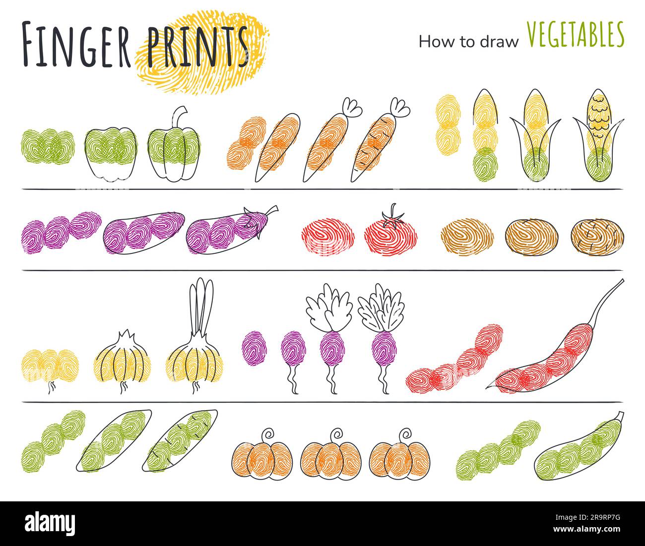 Finger prints art. Vegetables. Scheme for drawing Stock Vector Image ...