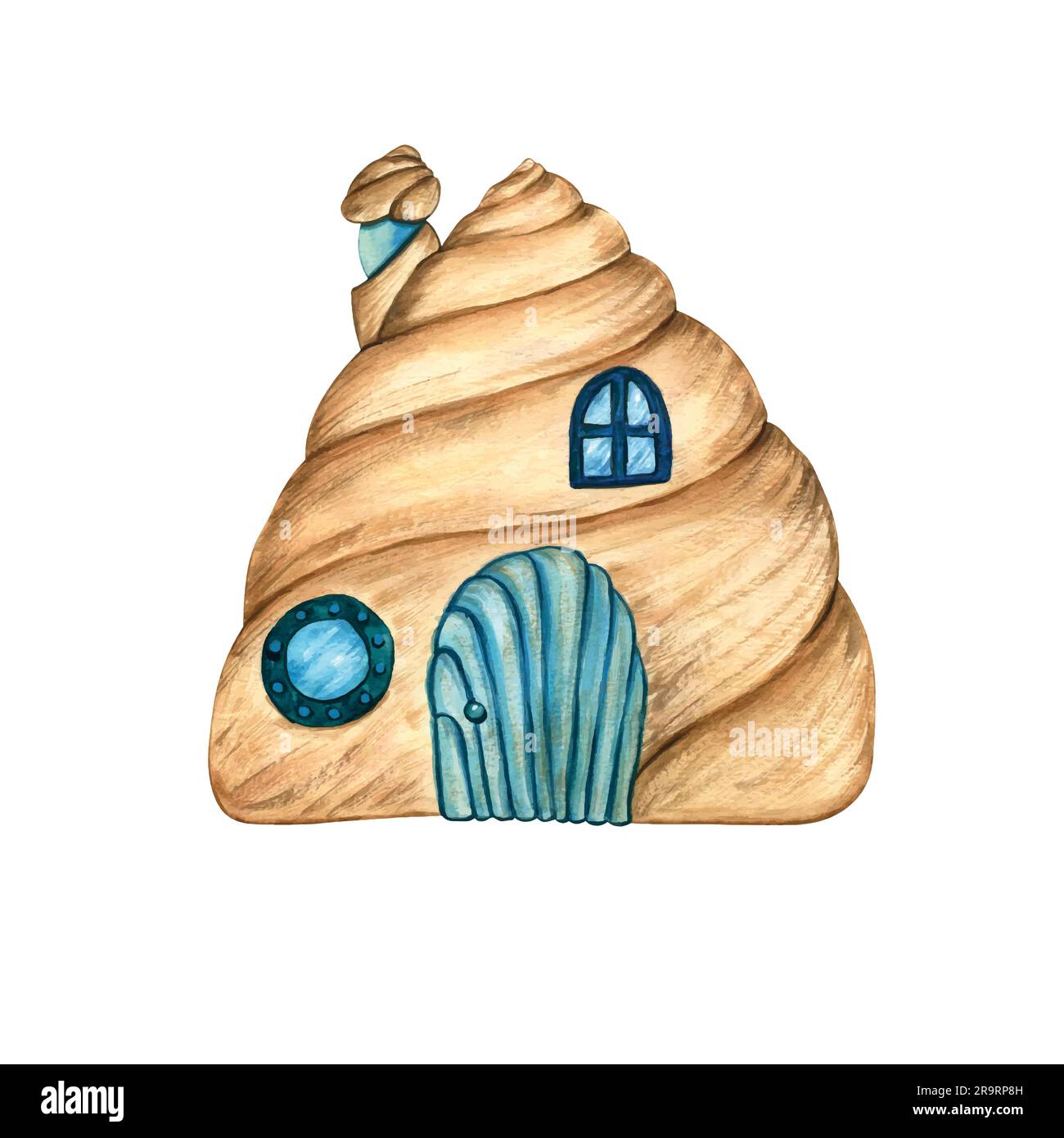 Watercolor illustration cartoon underwater mermaid fairy house ...