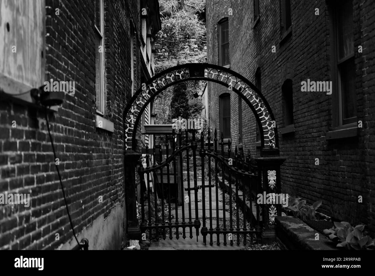A graffiti-embellished iron gate stands at the entrance of a narrow ...