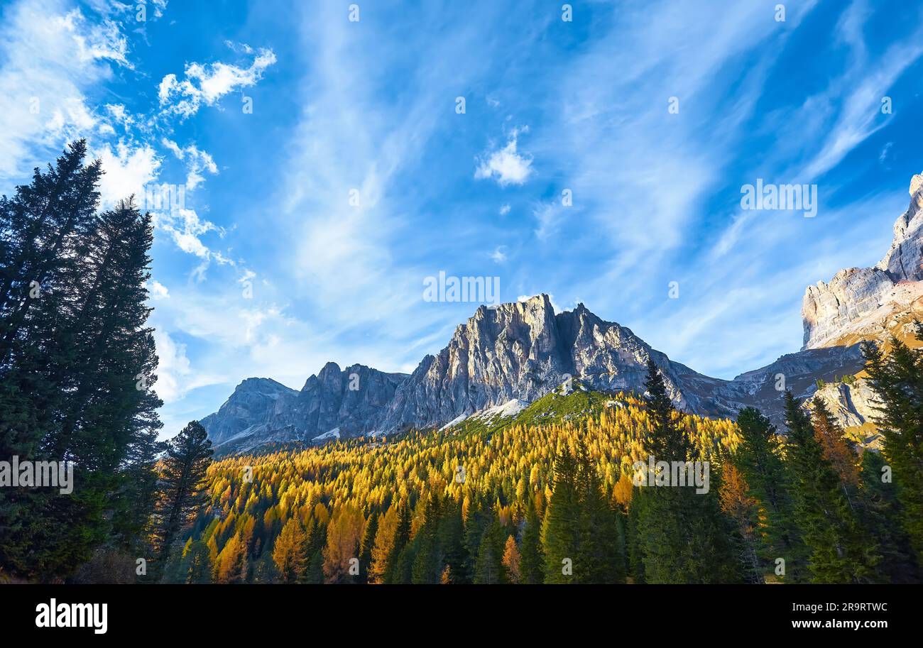 View of Tofane mountains seen from Falzarego pass in an autumn ...