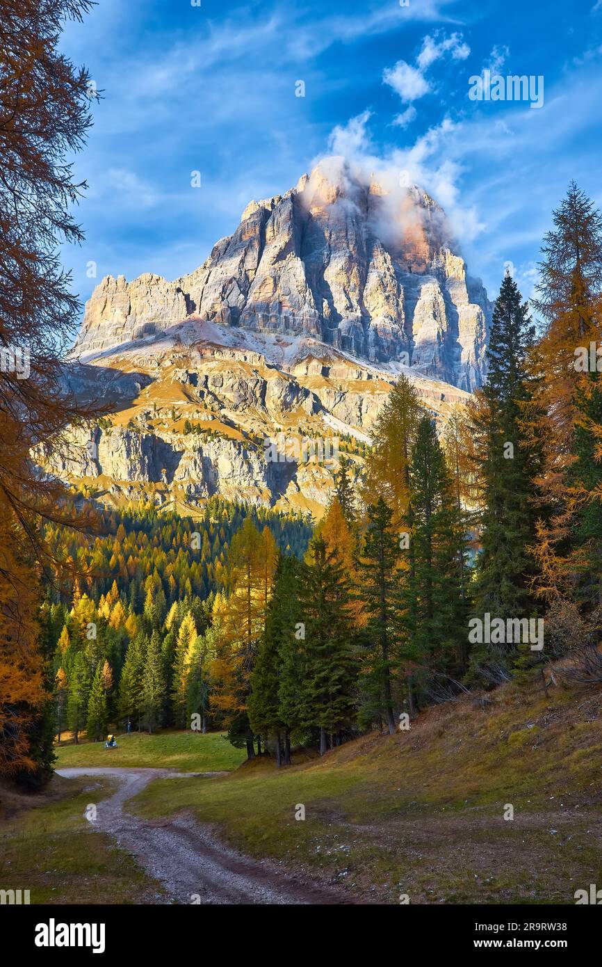 View of Tofane mountains seen from Falzarego pass in an autumn ...