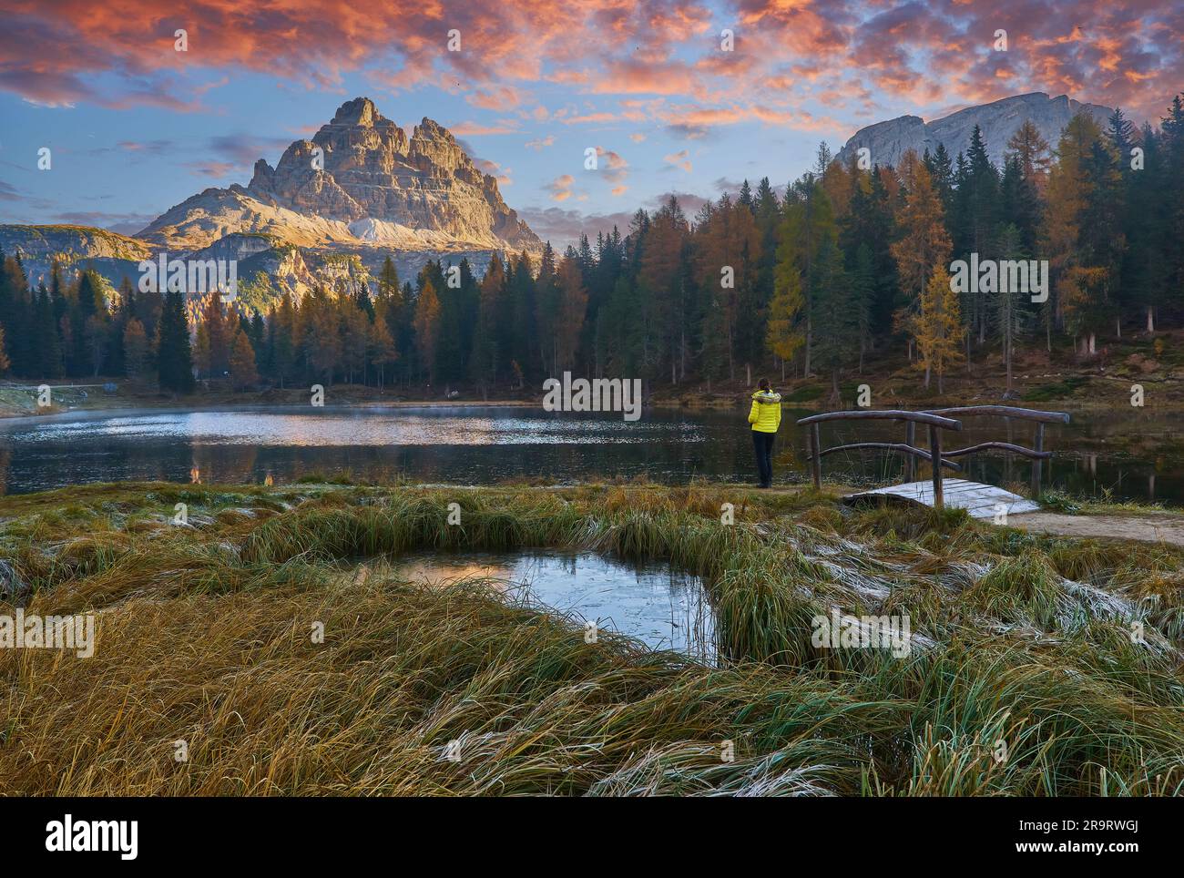 Morning view of Lago Antorno, Dolomites, Lake mountain landscape with ...
