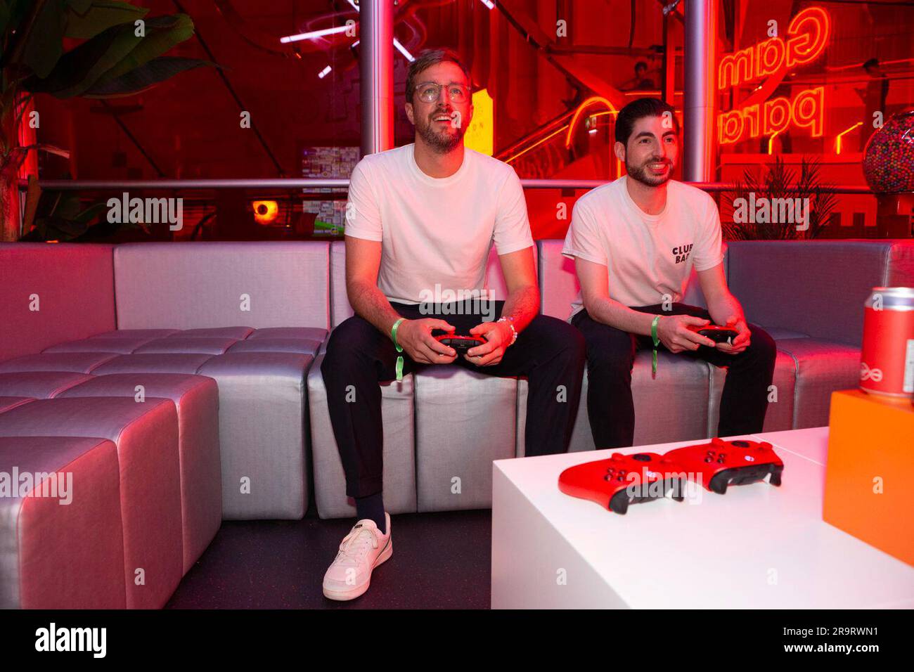 EDITORIAL USE ONLY Iain Stirling (left) and Seth Lavell (right) attend ...