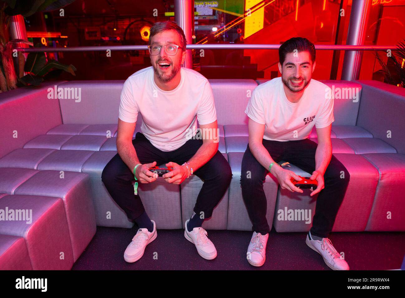 EDITORIAL USE ONLY Iain Stirling (left) and Seth Lavell (right) attend ...