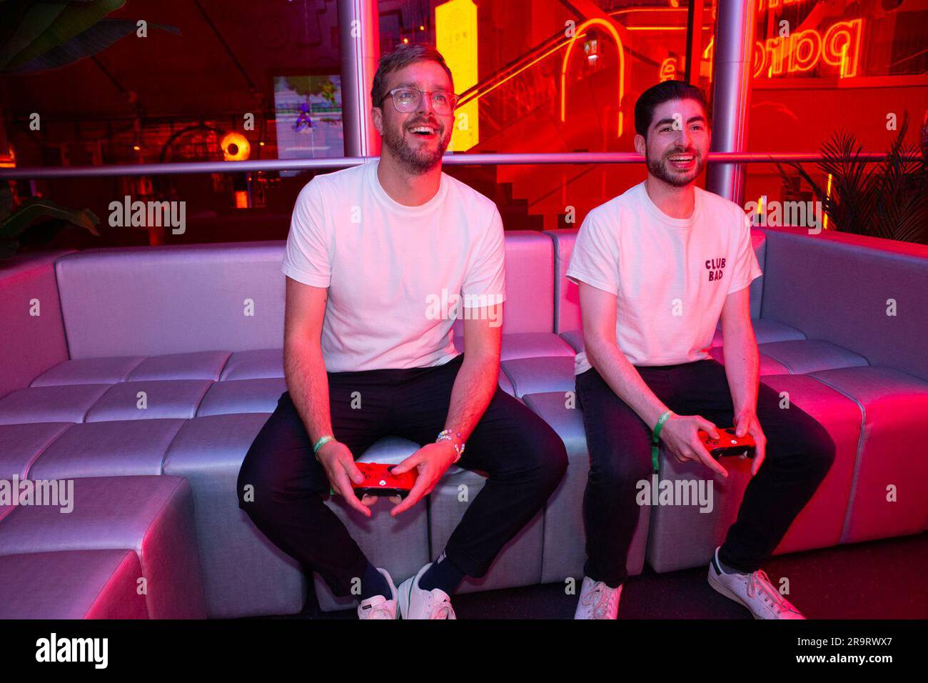 EDITORIAL USE ONLY Iain Stirling (left) and Seth Lavell (right) attend ...