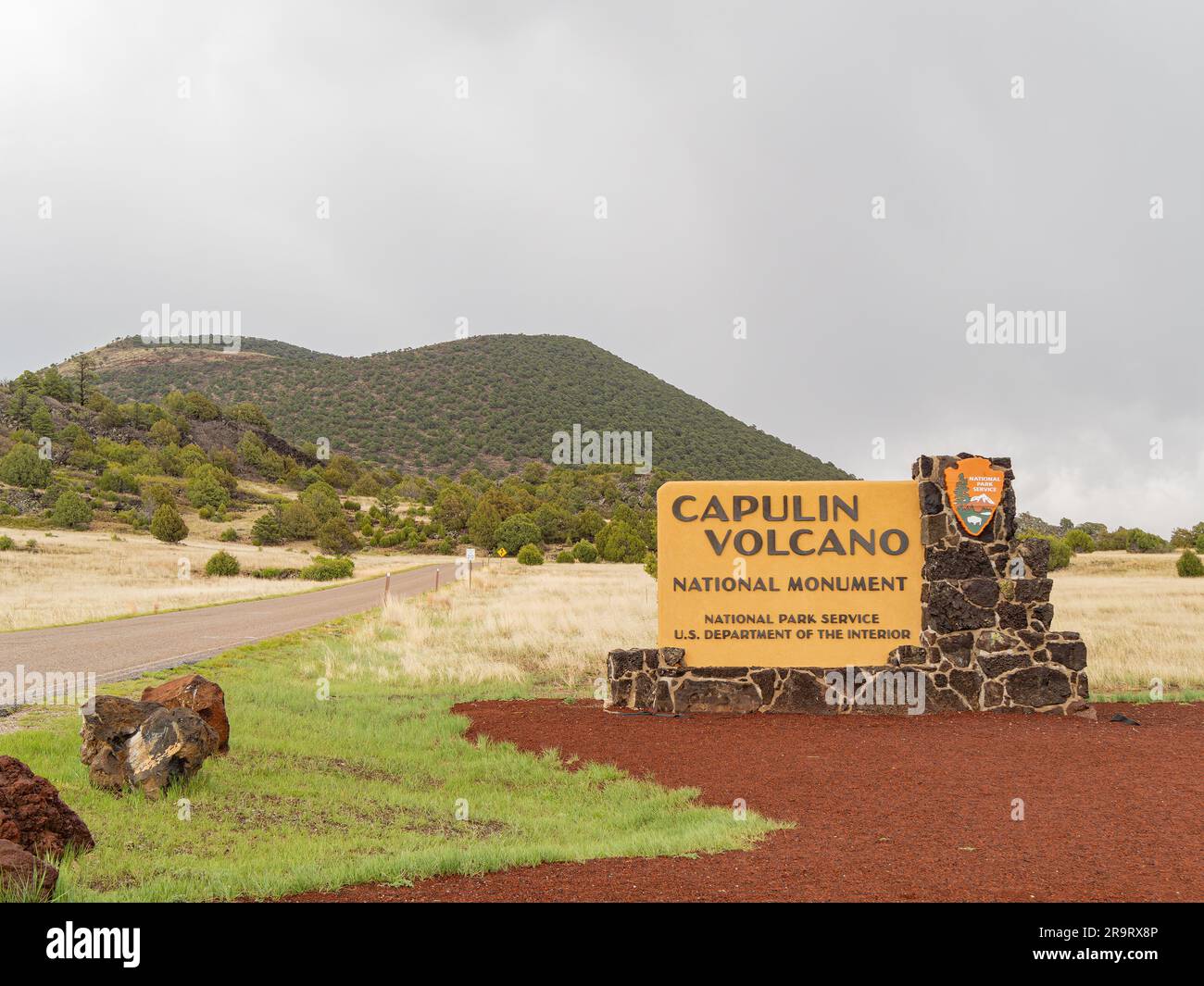 Overcast view of the sign of Capulin Volcano National Monument at New ...