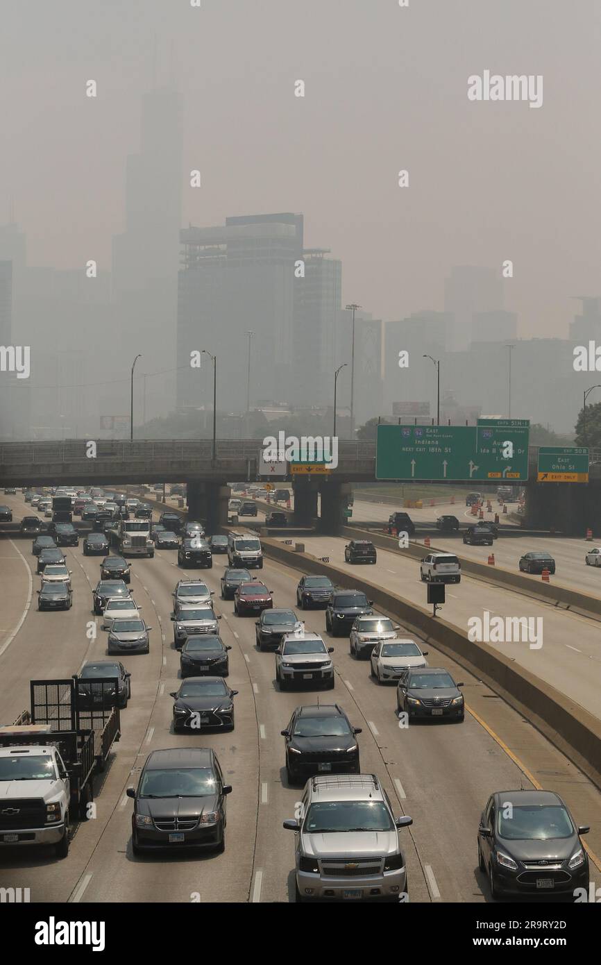 The downtown skyline and the iconic Willis Tower are obscured by heavy ...