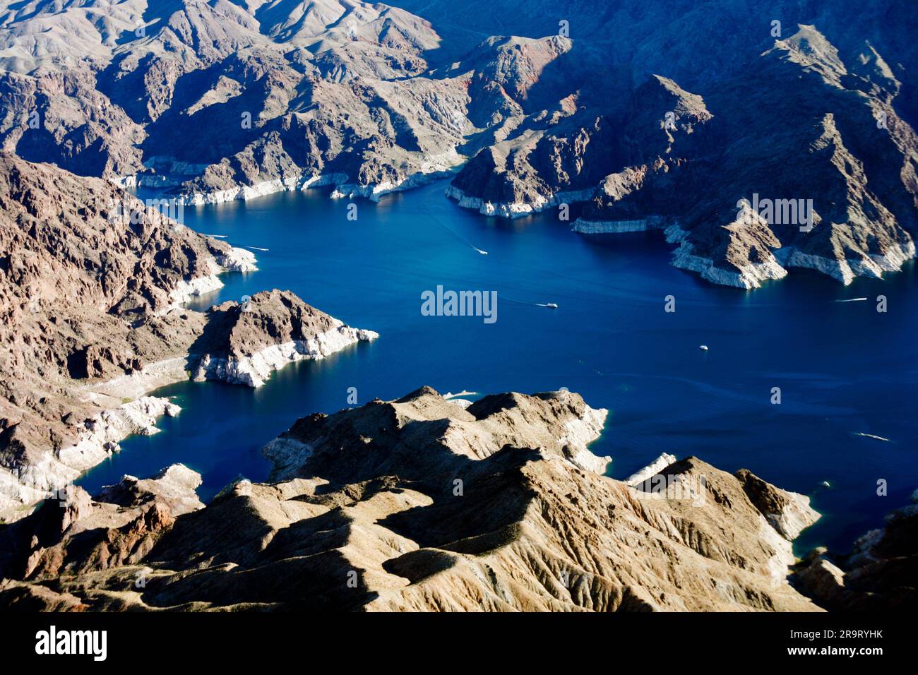 Aerial view of rocky lakeshore on sunny day, Lake Mead, Nevada, USA ...