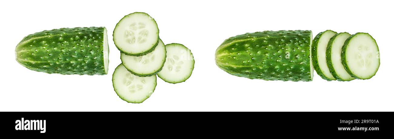 Sliced cucumber isolated on white background with full depth of field ...