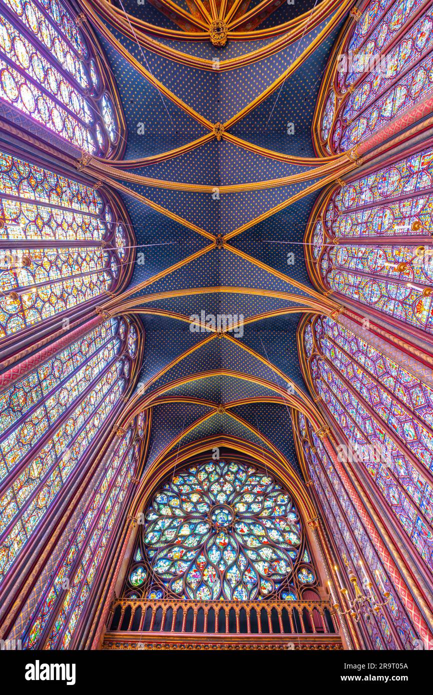 Monumental interior of Sainte-Chapelle with stained glass windows ...