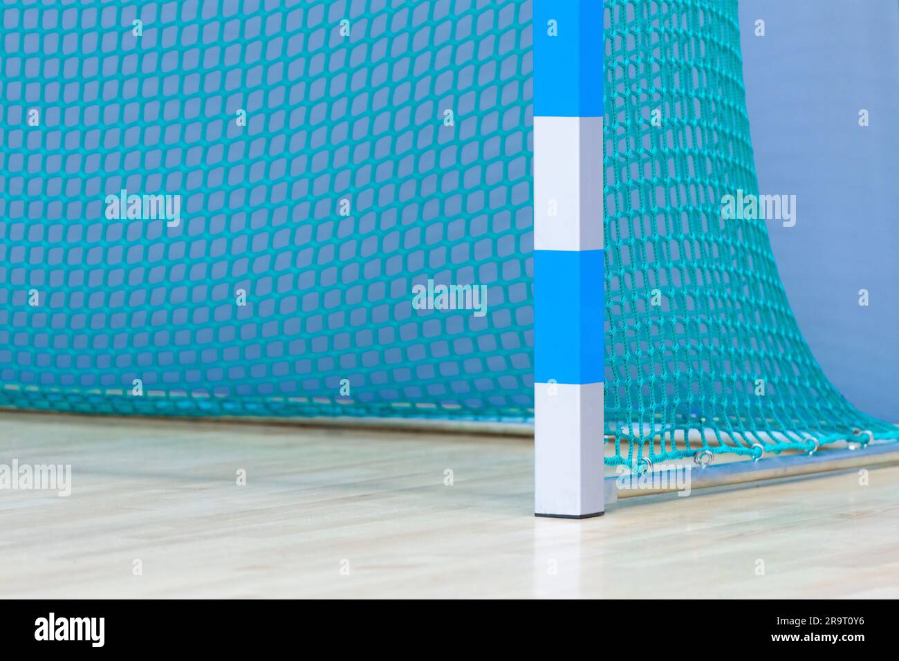 Gate for futsal or handball in gym. Detail of gate frame and net ...