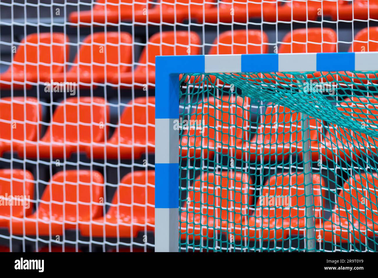 Gate for futsal or handball in gym. Detail of gate frame and net ...