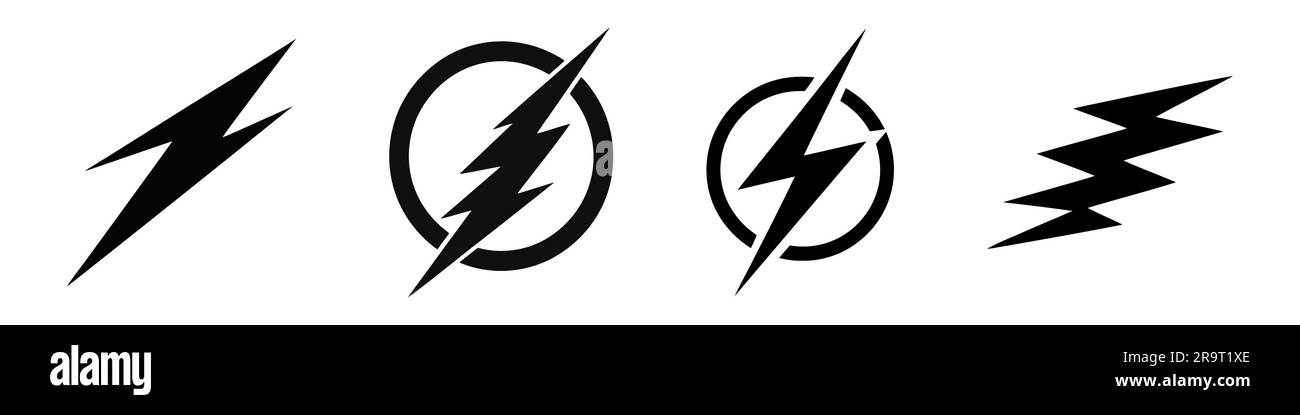 Set of 4 Lightning flat icons. Thunderbolts icons isolated on black ...