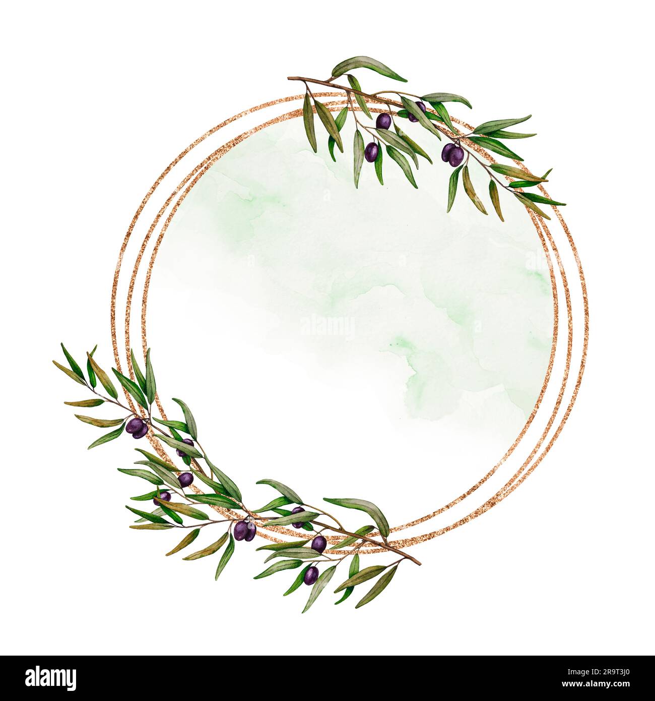 Round golden frame with black olives. Template for congratulations ...