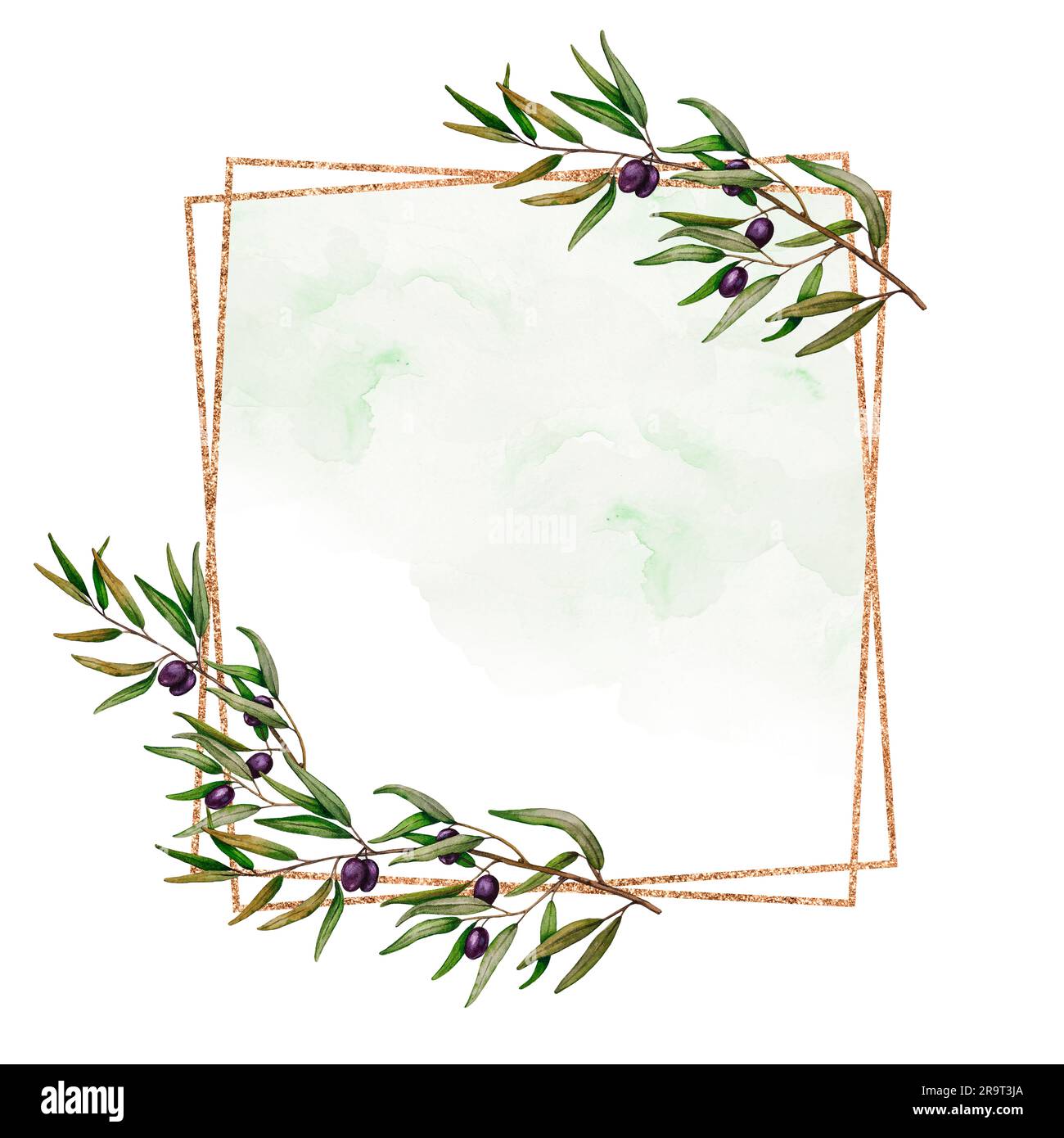 Square golden frame with black olives. Template for congratulations ...