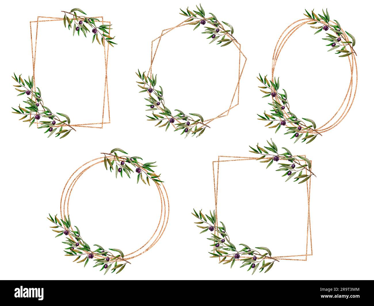 Set of golden frames with black olives. Template for congratulations ...