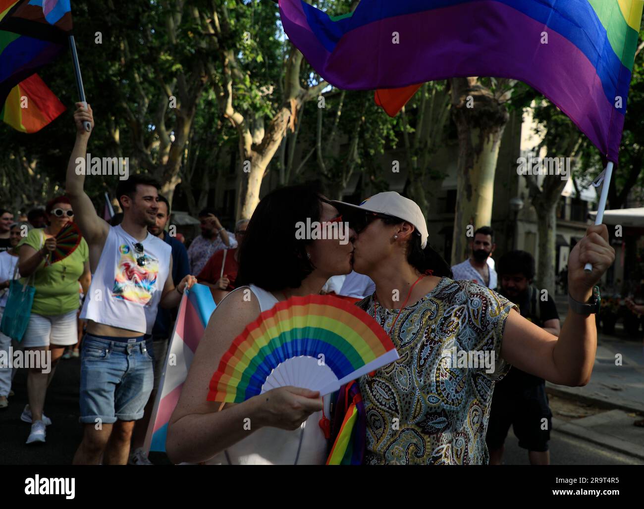 Palma, Spain. 28th June, 2023. Maria Jose and Amparo kiss in Palma ...