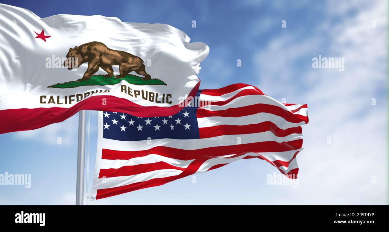 The California Republic state flag waving along with the national flag ...