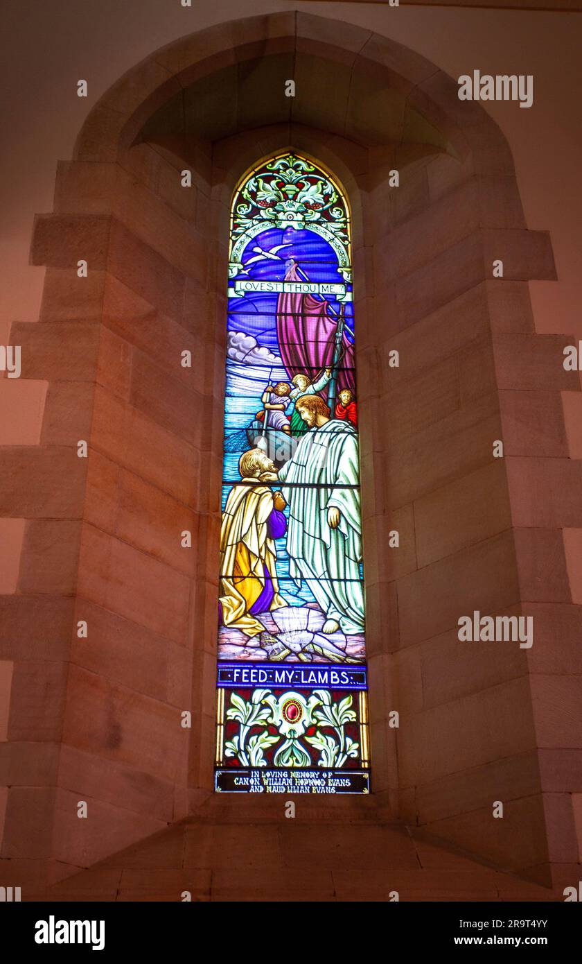 Leadlight window in the heritage-listed Anglican Cathedral of Saint Luke built in 1897 in ...