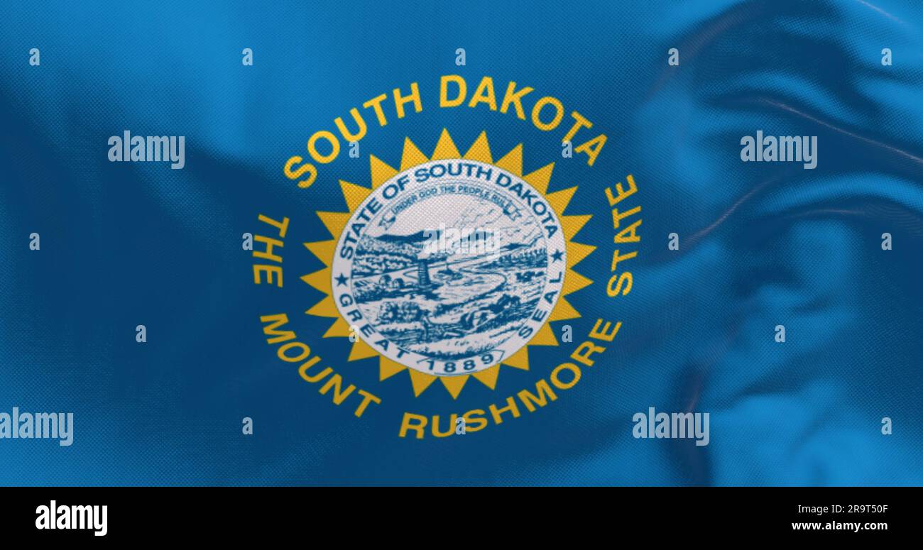 Close-up of the South Dakota flag waving in the wind. Sky blue field ...