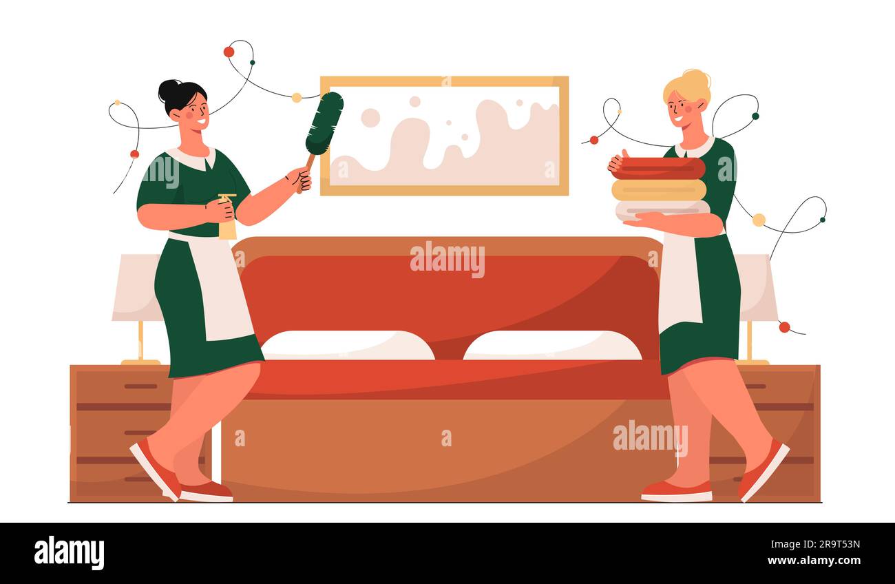 Team of chambermaid in room concept. Women in uniform with towels and ...