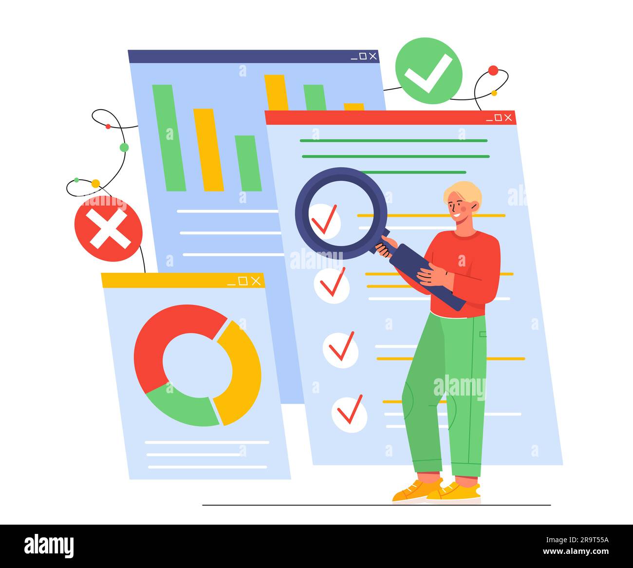 Comparison of graphs and charts. Man with loupe analyzes statistics, infographics. Financial ...