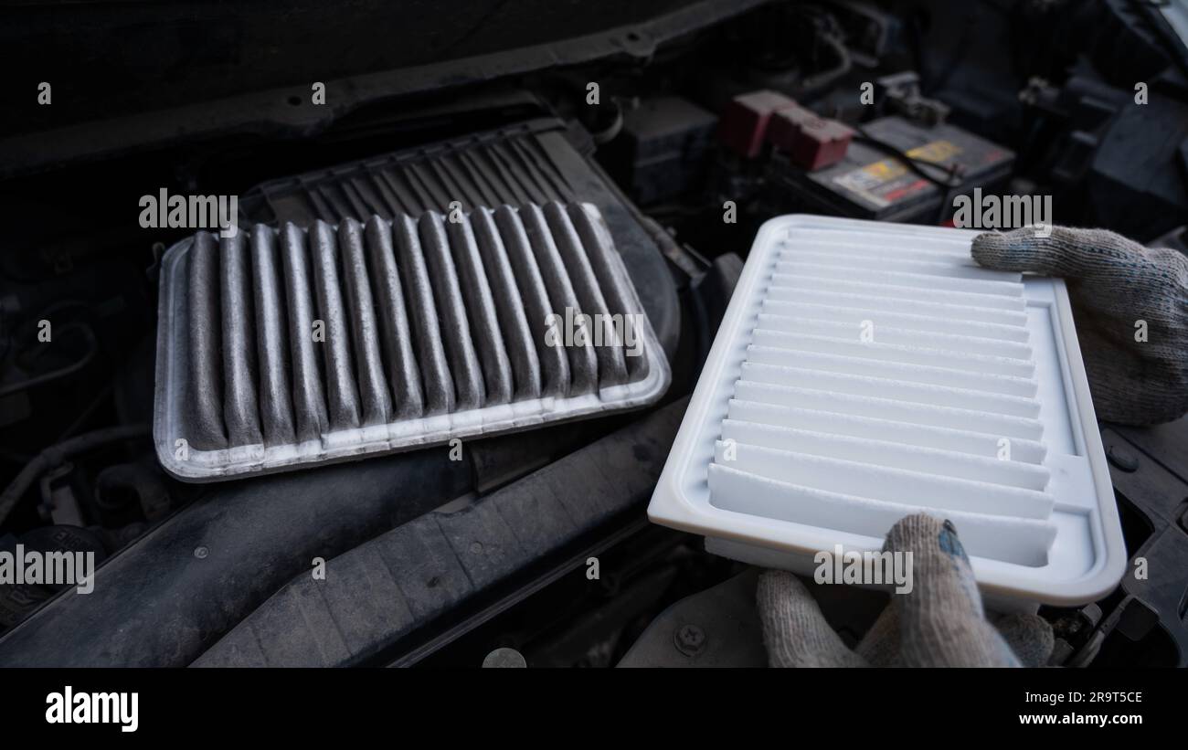 The master changes the air filter in the car engine Stock Photo - Alamy