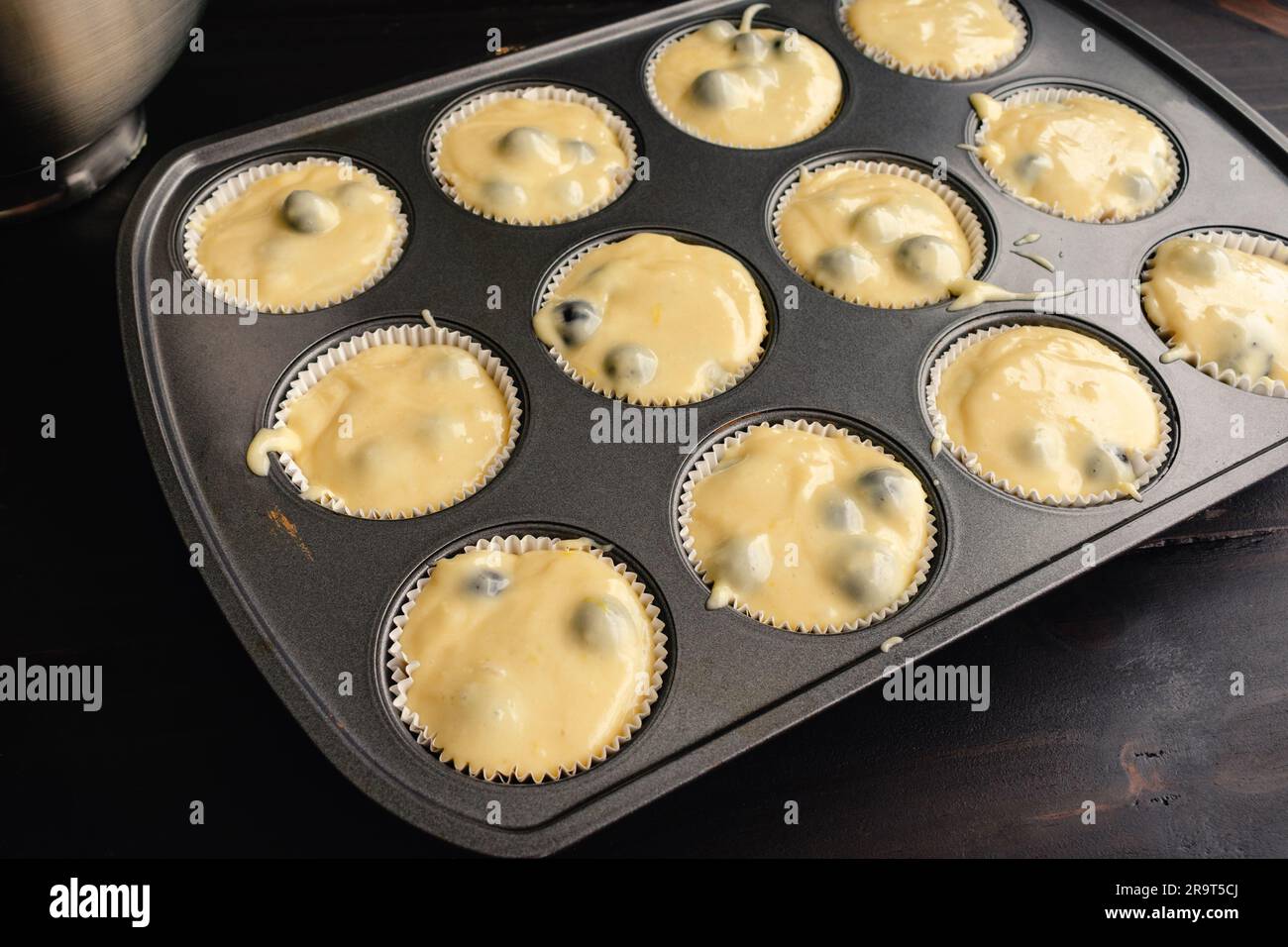 Muffin Tin Lined with Paper Wrappers and Filled with Blueberry Muffin ...