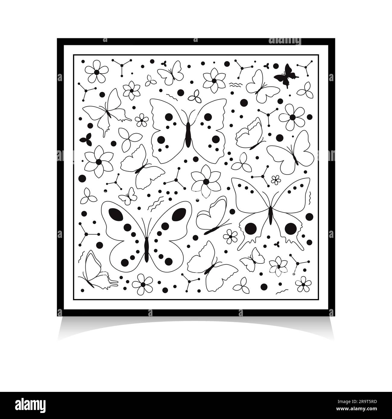 Pattern with flying contour decorative butterflies, flowers and polka ...