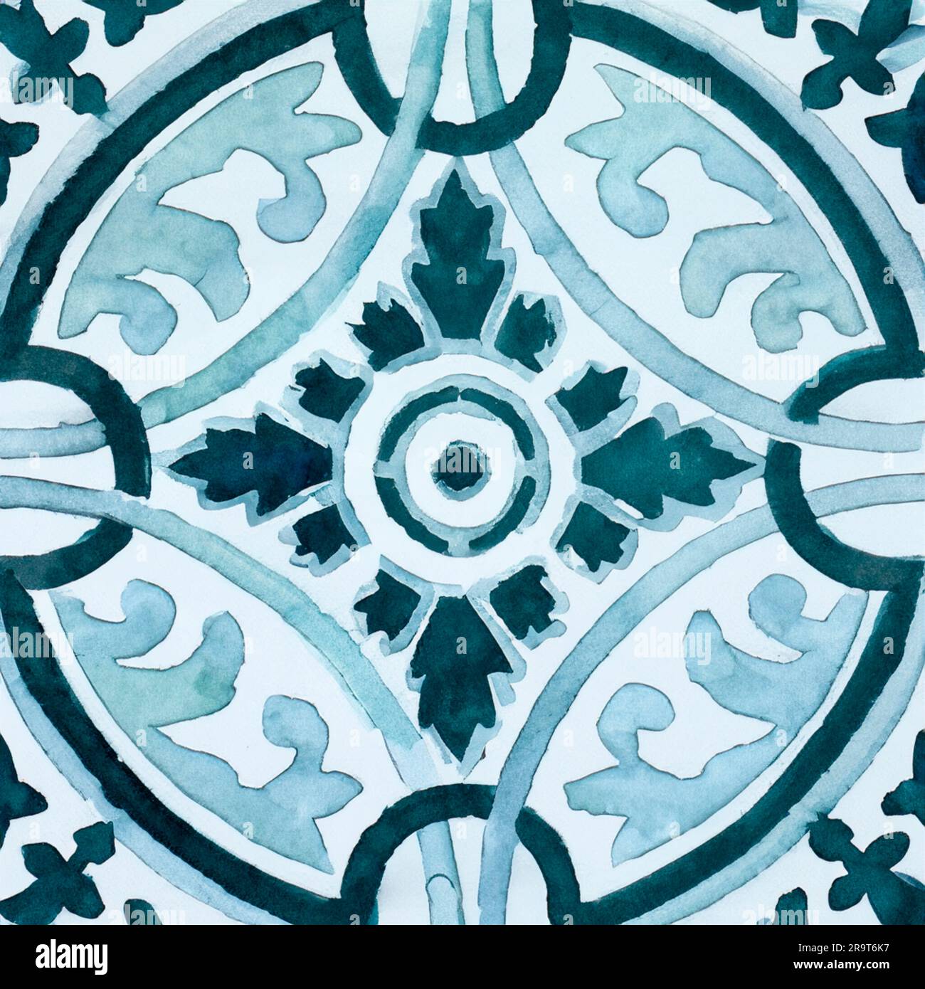 Watercolor illustration of portuguese ceramic tiles pattern. Single ...