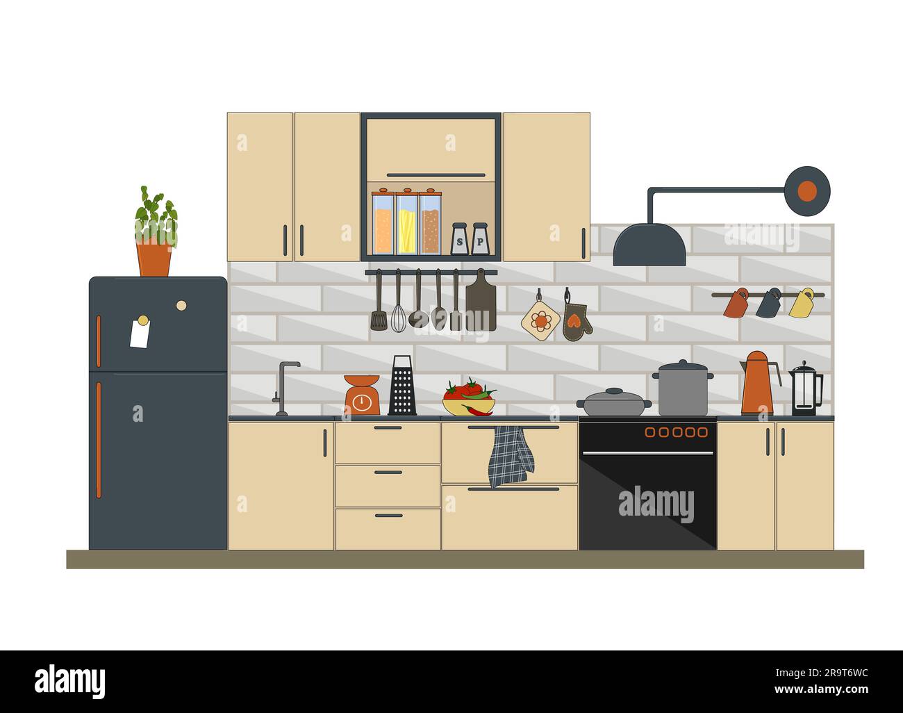 Stylish and modern kitchen interior. Cabinets and shelves with utensils ...