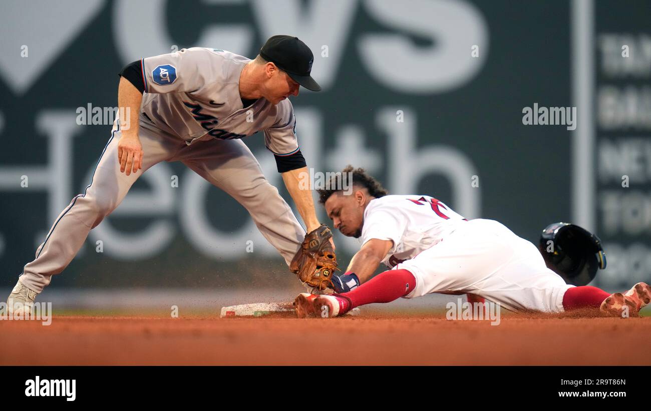 Boston Red Sox's David Hamilton, right, is caught trying to steal ...