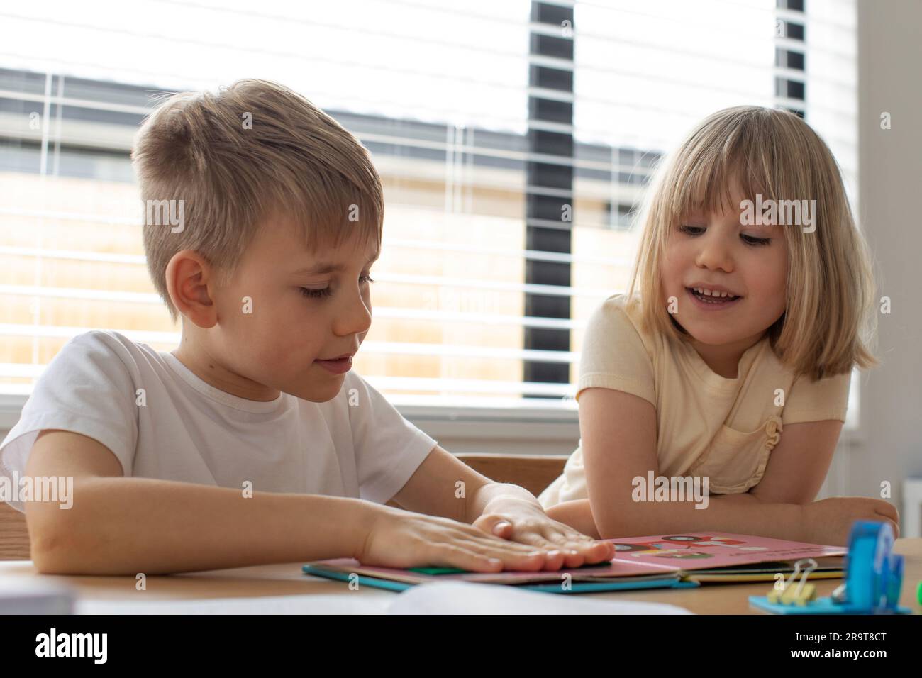 Brother and sister together amicably read an educational book. The ...