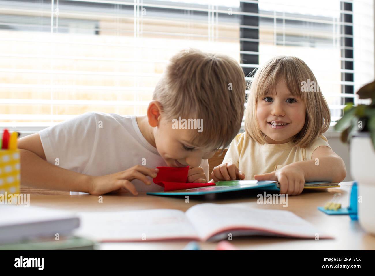 Brother and sister together amicably read an educational book. The ...