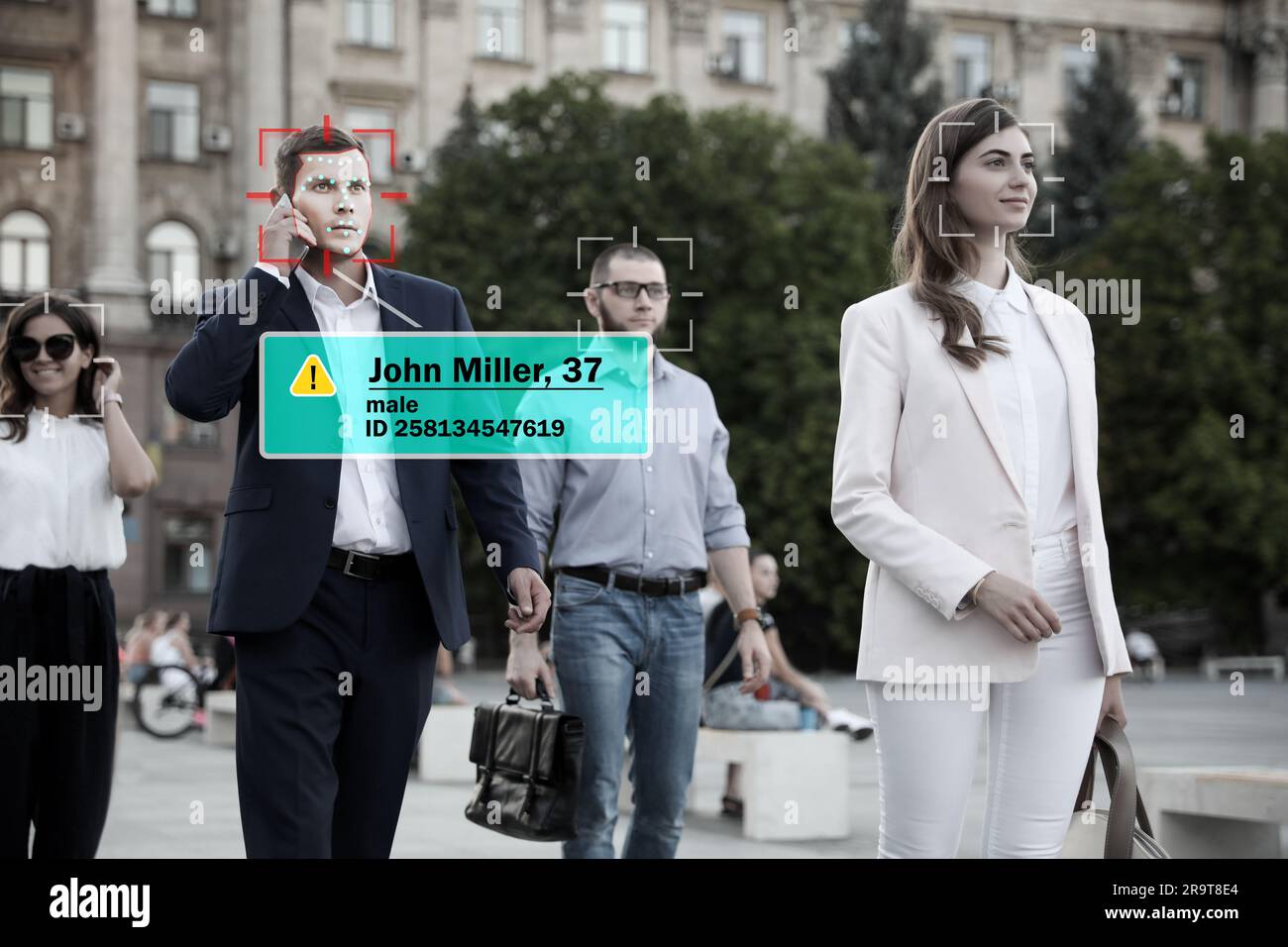 Facial recognition system identifying people on city street. AI giving ...
